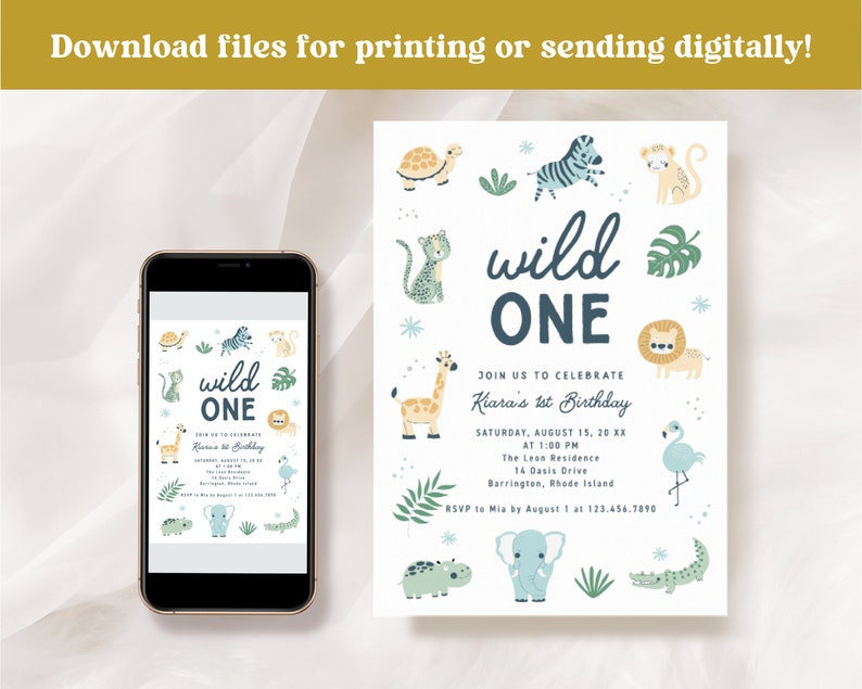 KIARA Wild ONE 1st Birthday Party Invitation Blue Jungle Zoo Safari ...