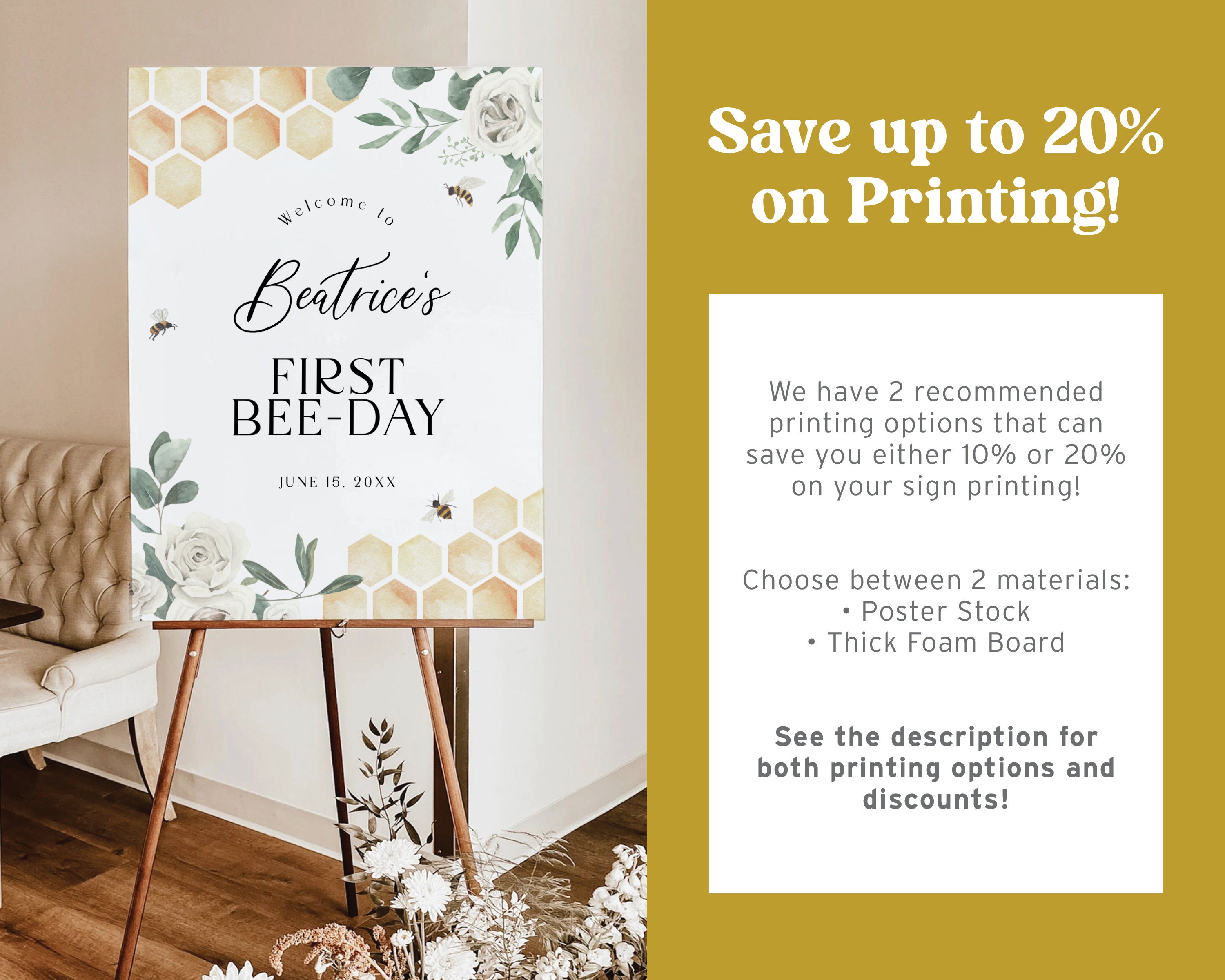 BEATRICE First Bee Day Welcome Sign, Honeycomb Honey Greenery Floral ...