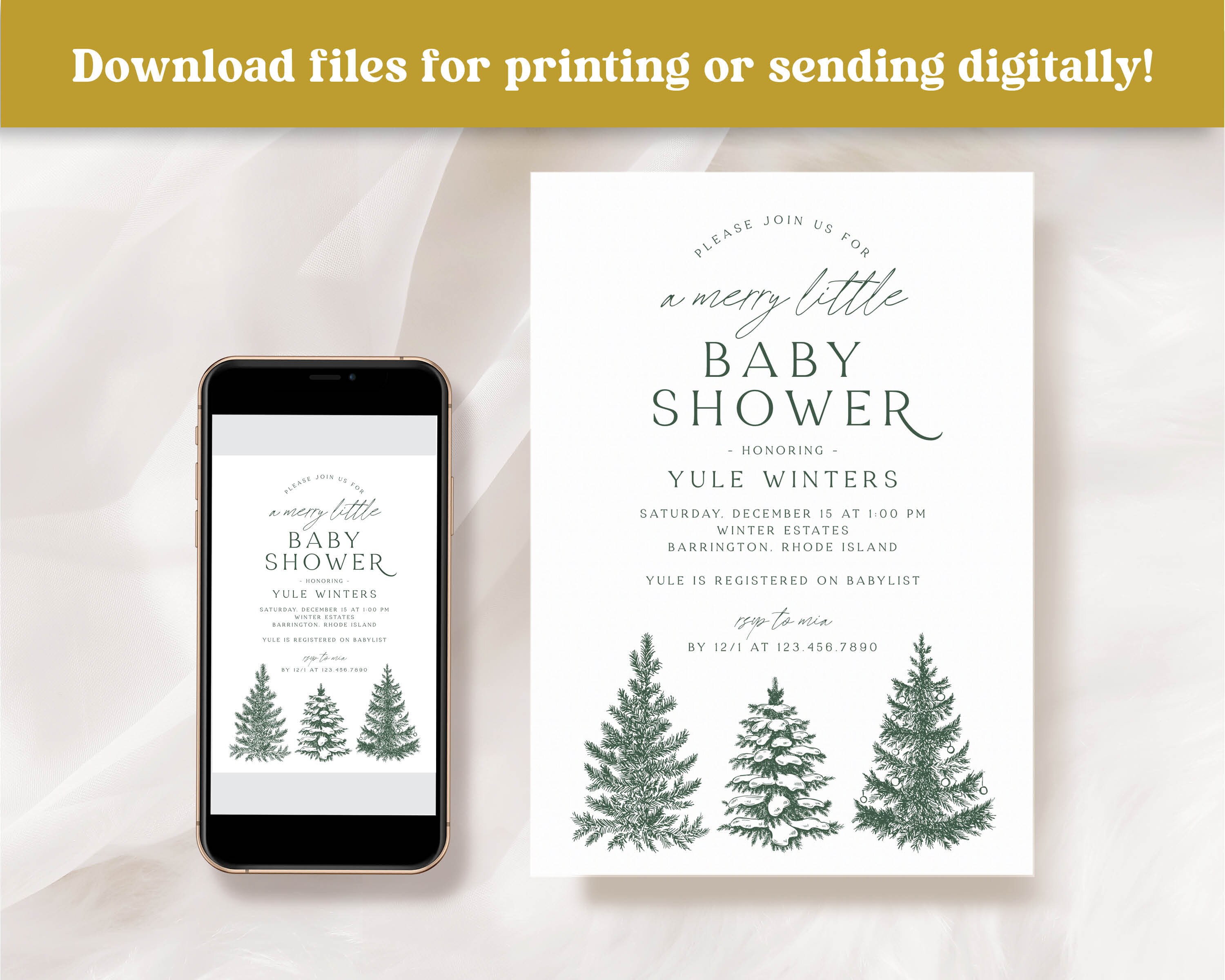 YULE | Greenery Winter Christmas Trees Merry Little Baby Shower ...