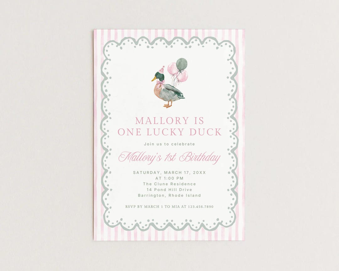 One Lucky Duck 1st Birthday Invitation, Editable Canva Template ...