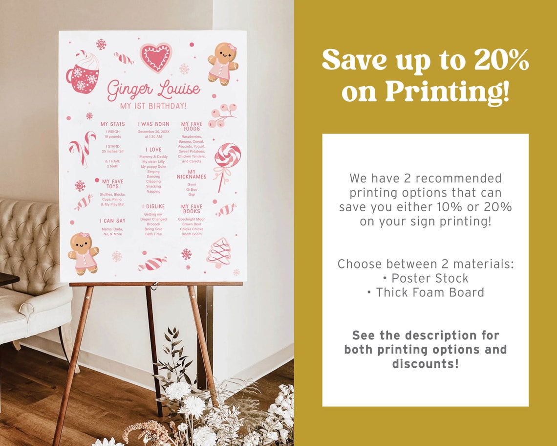GINGER | First 1st Birthday Milestone Stats Board Sign, Winter Pink ...