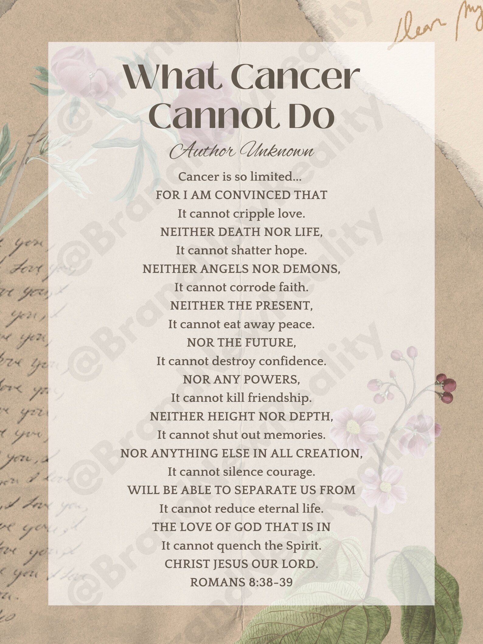 What Cancer Cannot Do - Inspiring Poem & Verse | 8.5x11 Printable Art ...