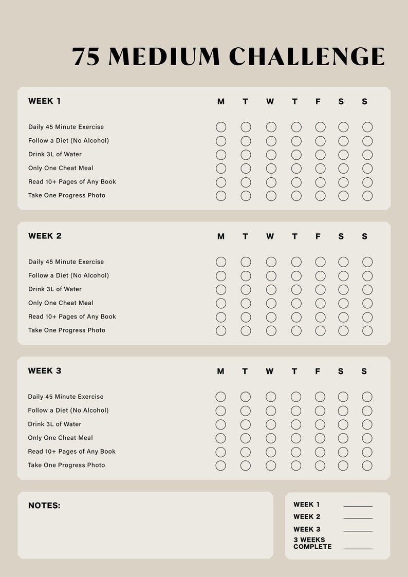 75 Medium Challenge, 75 Medium Challenge Tracker, Daily Habits, Habit Tracker, Digital File, A4 ...