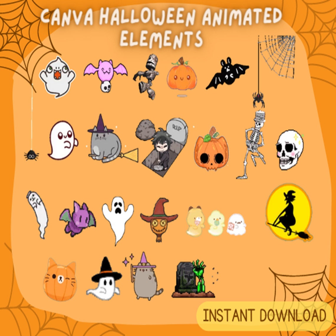 CANVA Halloween Animated Cute, Kawaii, Drag and Drop Elements, Stickers ...
