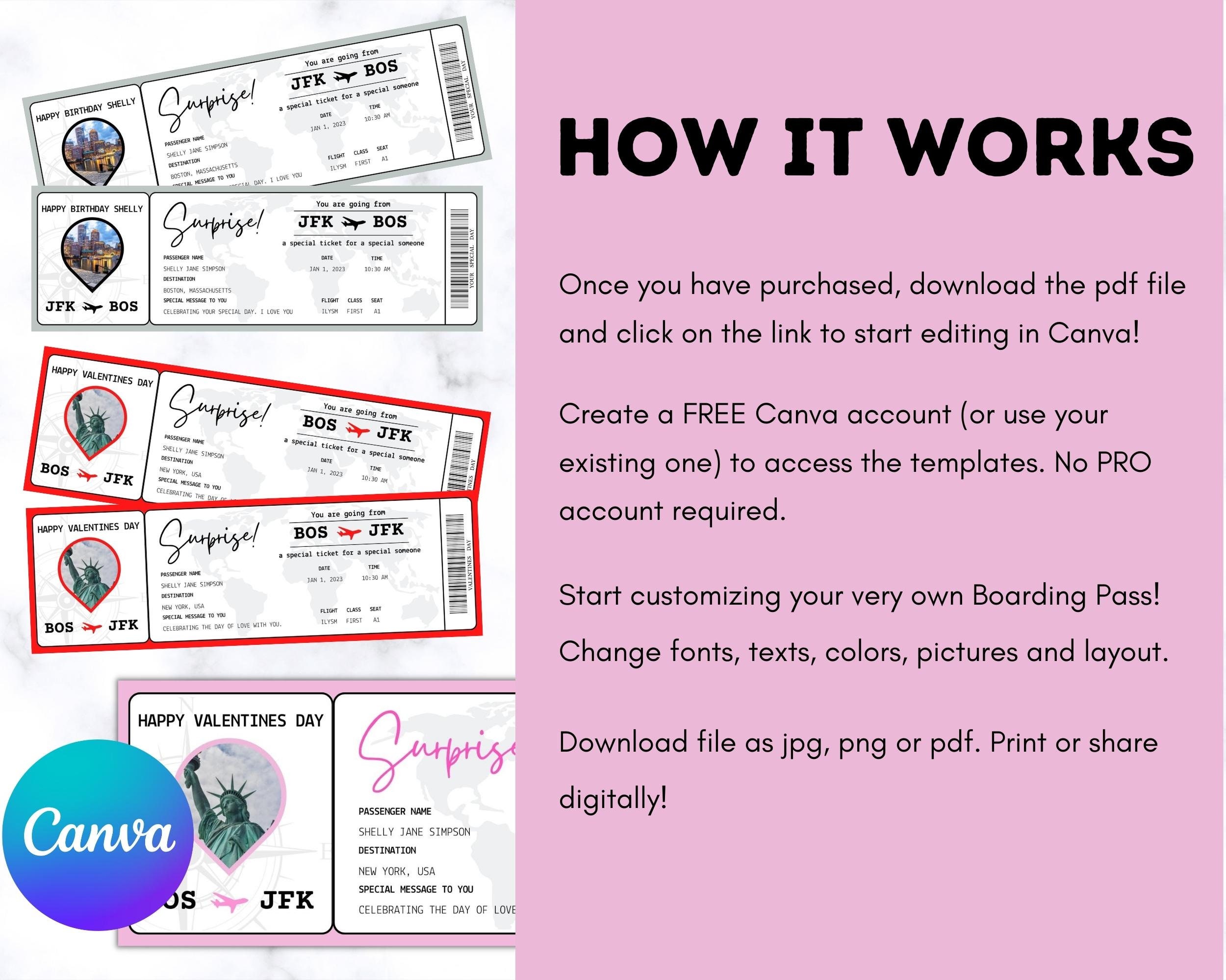 Editable Boarding Pass Template Canva Boarding Ticket - Etsy Australia