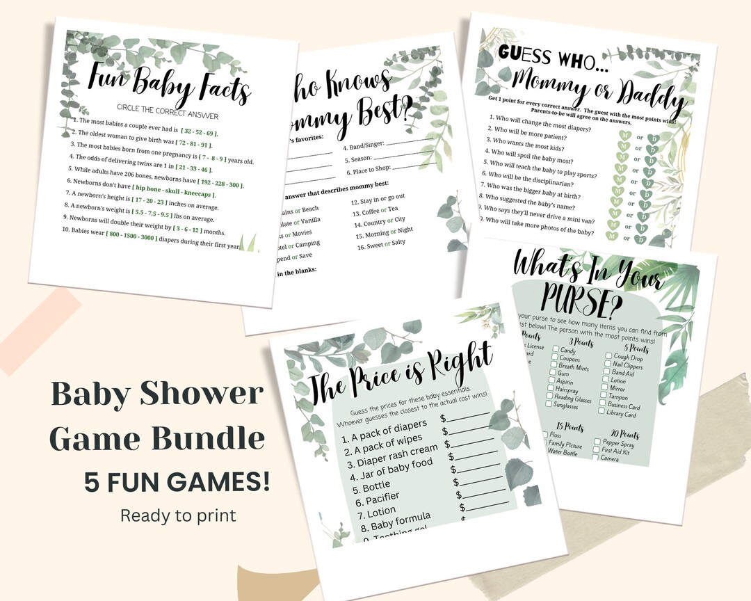 Greenery Baby Shower Games Bundle Woodland Animals Baby Shower Games ...