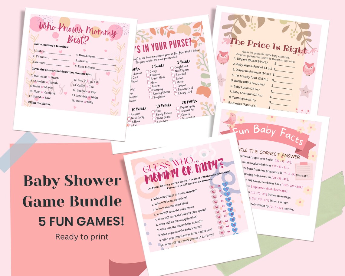Pink Theme Baby Shower Games Bundle Girl Theme Baby Shower Games It's A ...