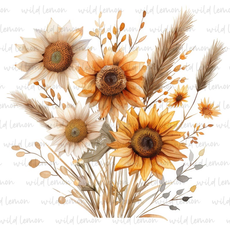 Sunflower Clipart - 10 Boho Sunflower Images, Watercolor Clipart, JPEG ...
