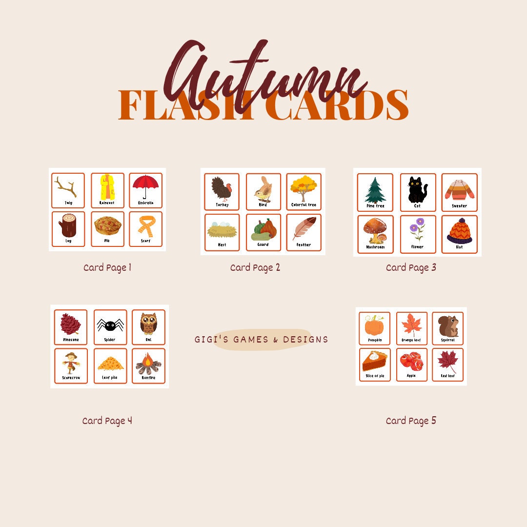 Autumn Flash Cards for Toddler Kids Learning Activity Educational for ...