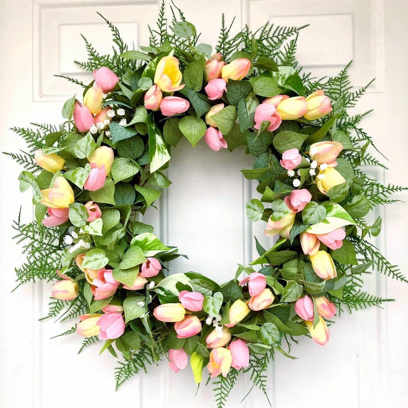 Spring Tulip Wreath for Front Door, Colorful Spring Wreath With Pink ...