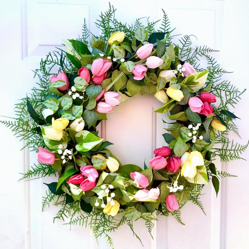 Spring Tulip Wreath for Front Door, Colorful Spring Wreath With Pink ...