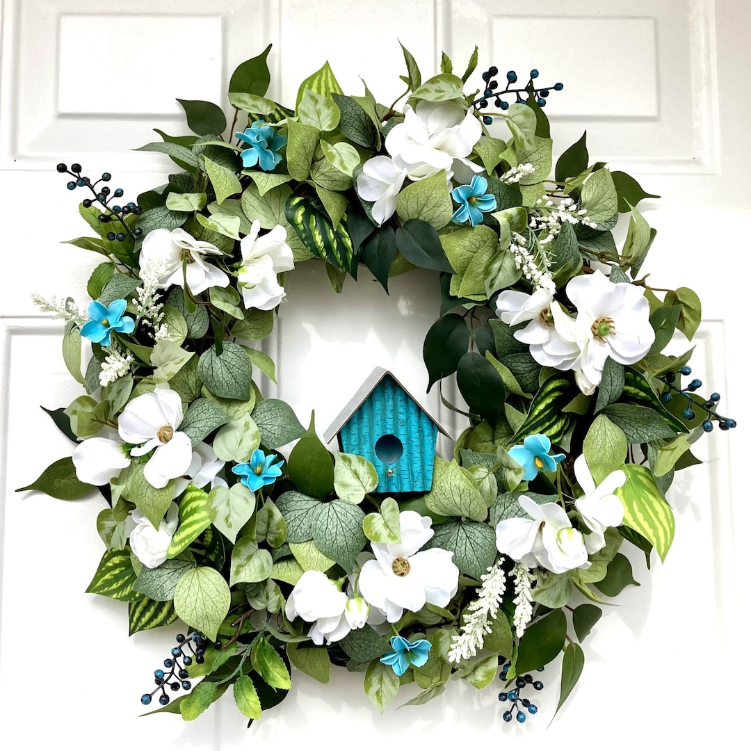 Spring Wreath With Birdhouse for Front Door, Summer Blue or Yellow ...
