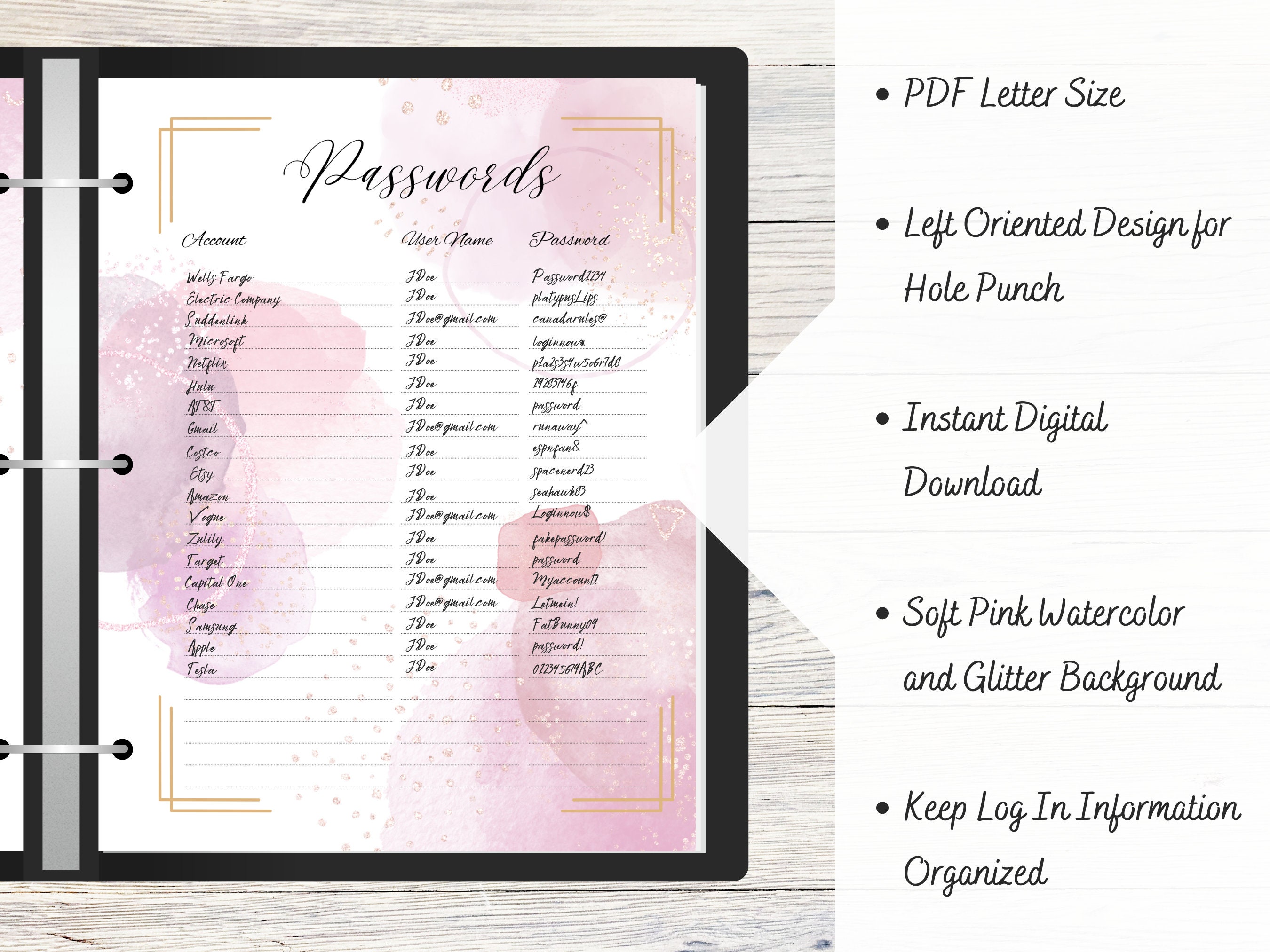 Pink & Gold Password Keeper Planner Page Printable - Planner, Log In ...