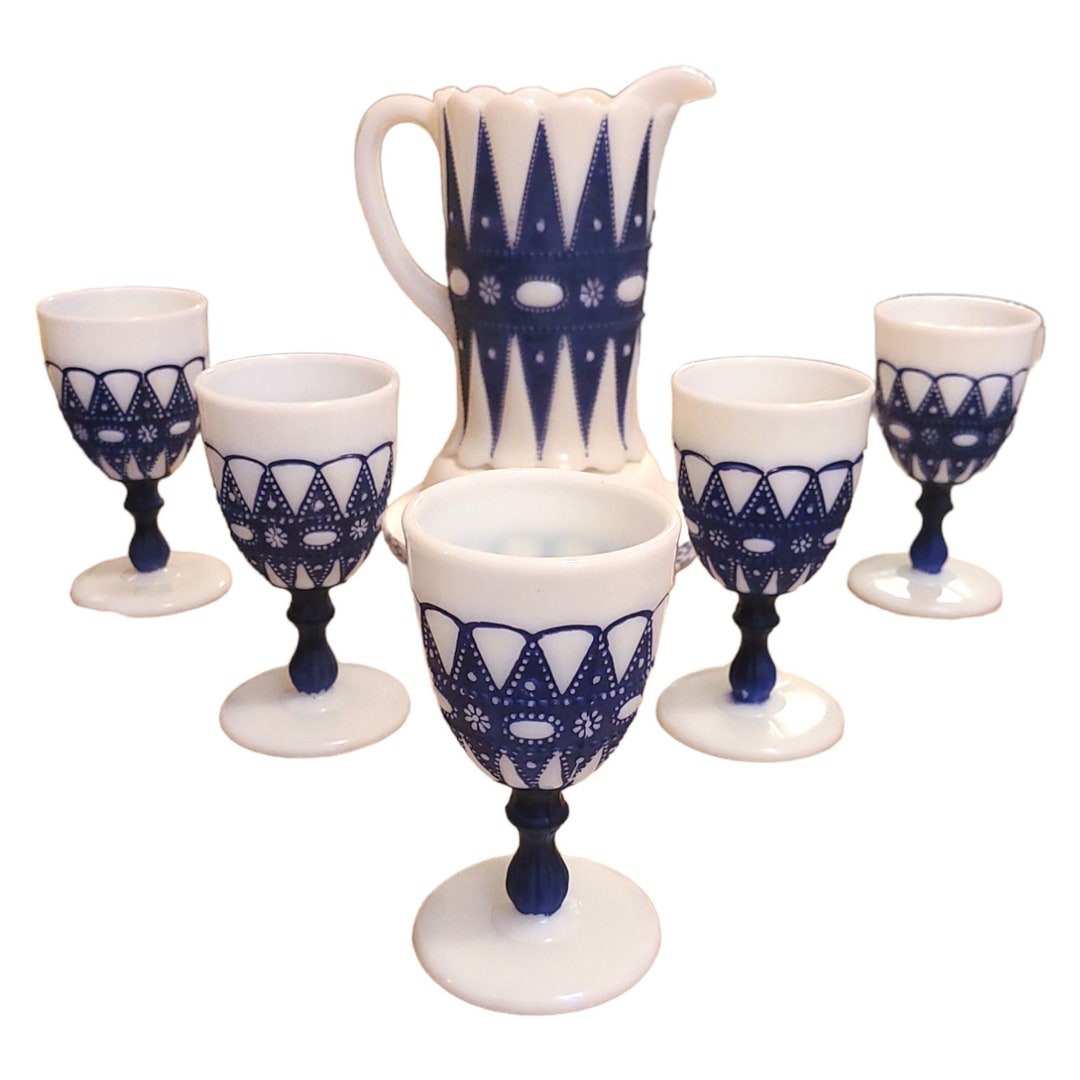 Phoenix Glass Lacy Dew Drop Milk Glass Pitcher and 5 Goblets White and ...