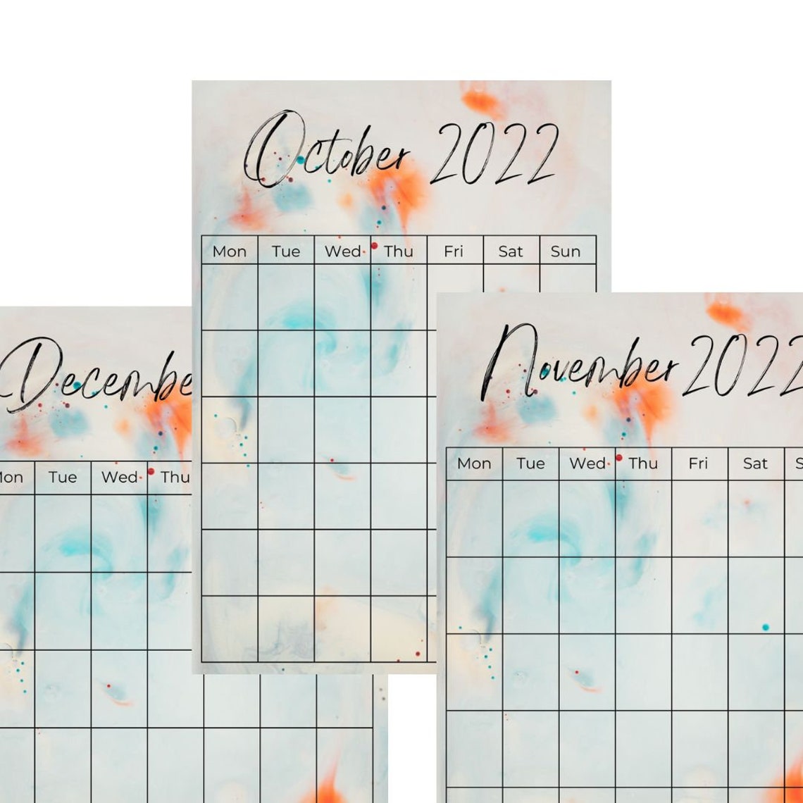 Blank Patterned Monthly Calendar Printable Set: October, November ...