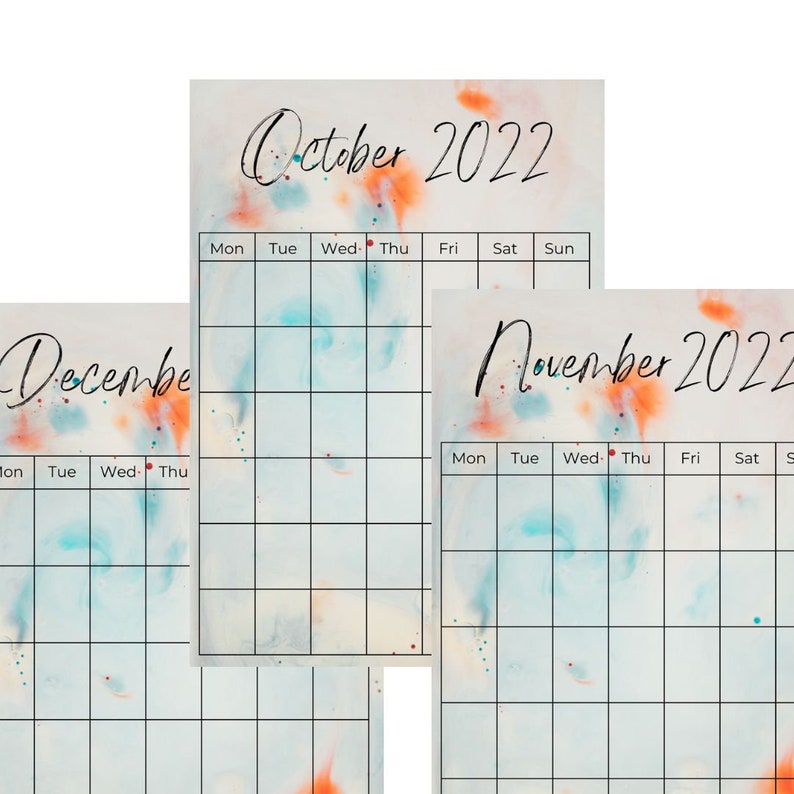 Blank Patterned Monthly Calendar Printable Set: October, November ...