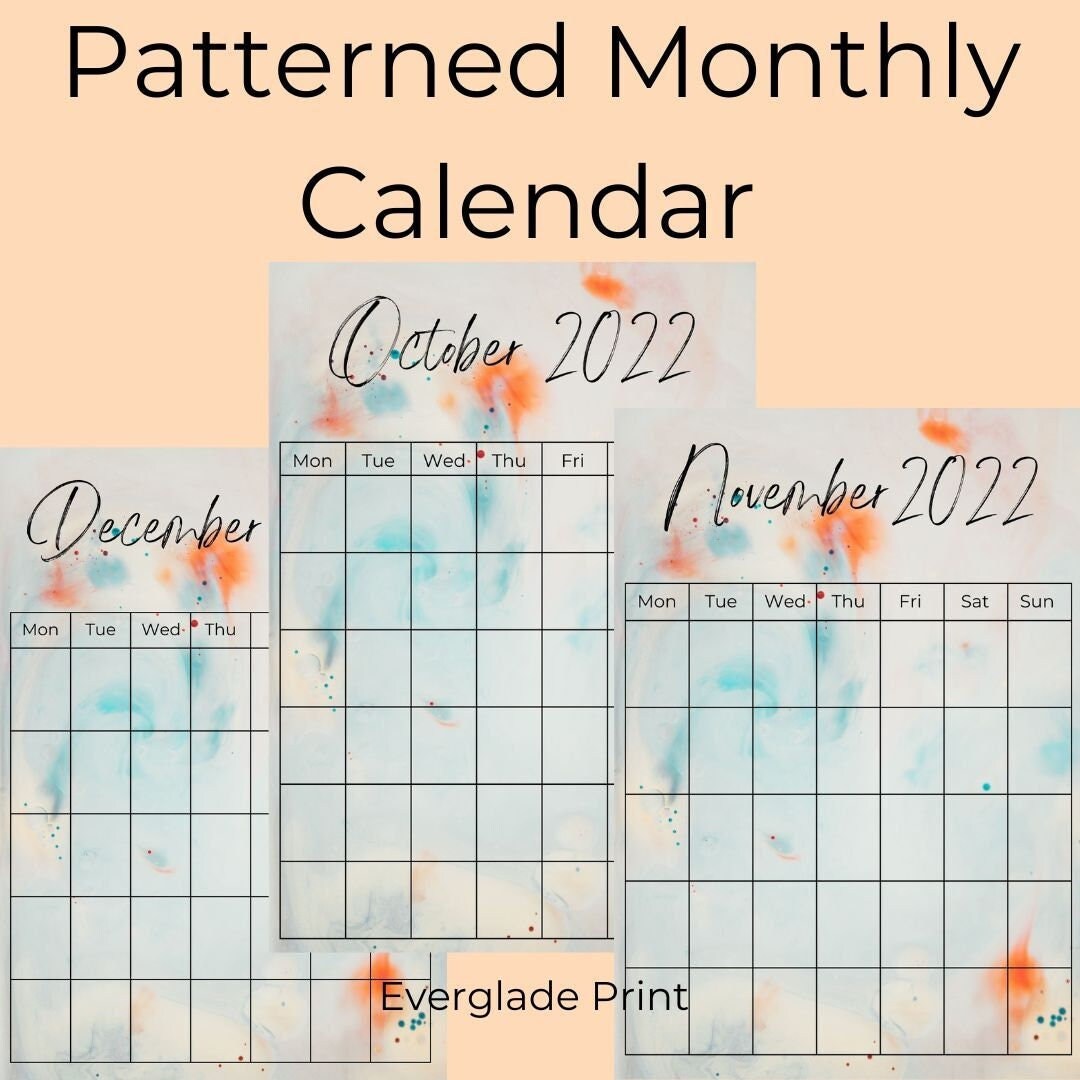 Blank Patterned Monthly Calendar Printable Set: October, November ...