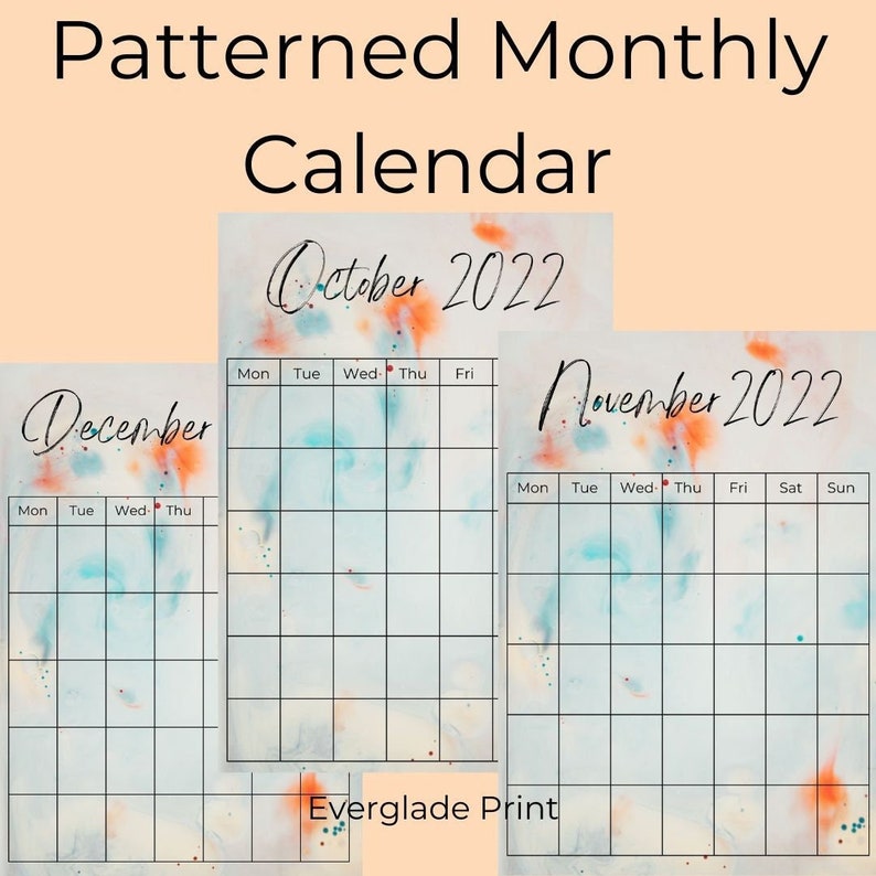 Blank Patterned Monthly Calendar Printable Set: October, November ...