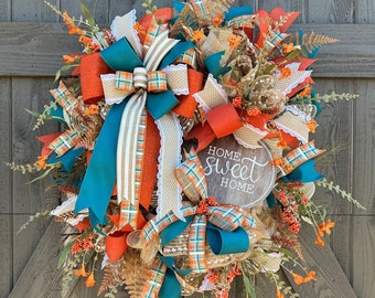 Round Metal Sublimated Wreath Sign, Hello Fall Teal and Orange Wreath ...