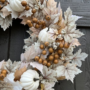 Neutral Fall Maple Leaf Wreath, White Pumpkin Wreath, Fall Wreath, Tan Berries, Autumn Foliage ...