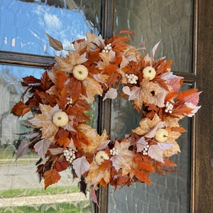 Fall Wreath for Front Door With Rust Bunnytails, Neutral Cream Pumpkins ...