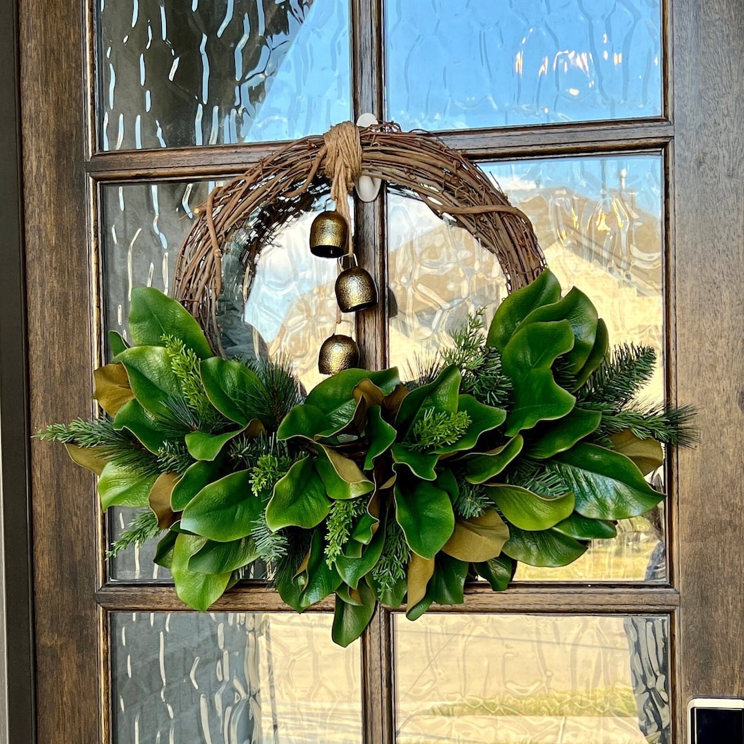 Magnolia Christmas Wreath Wreath With Bells Holiday Front Door Decor ...