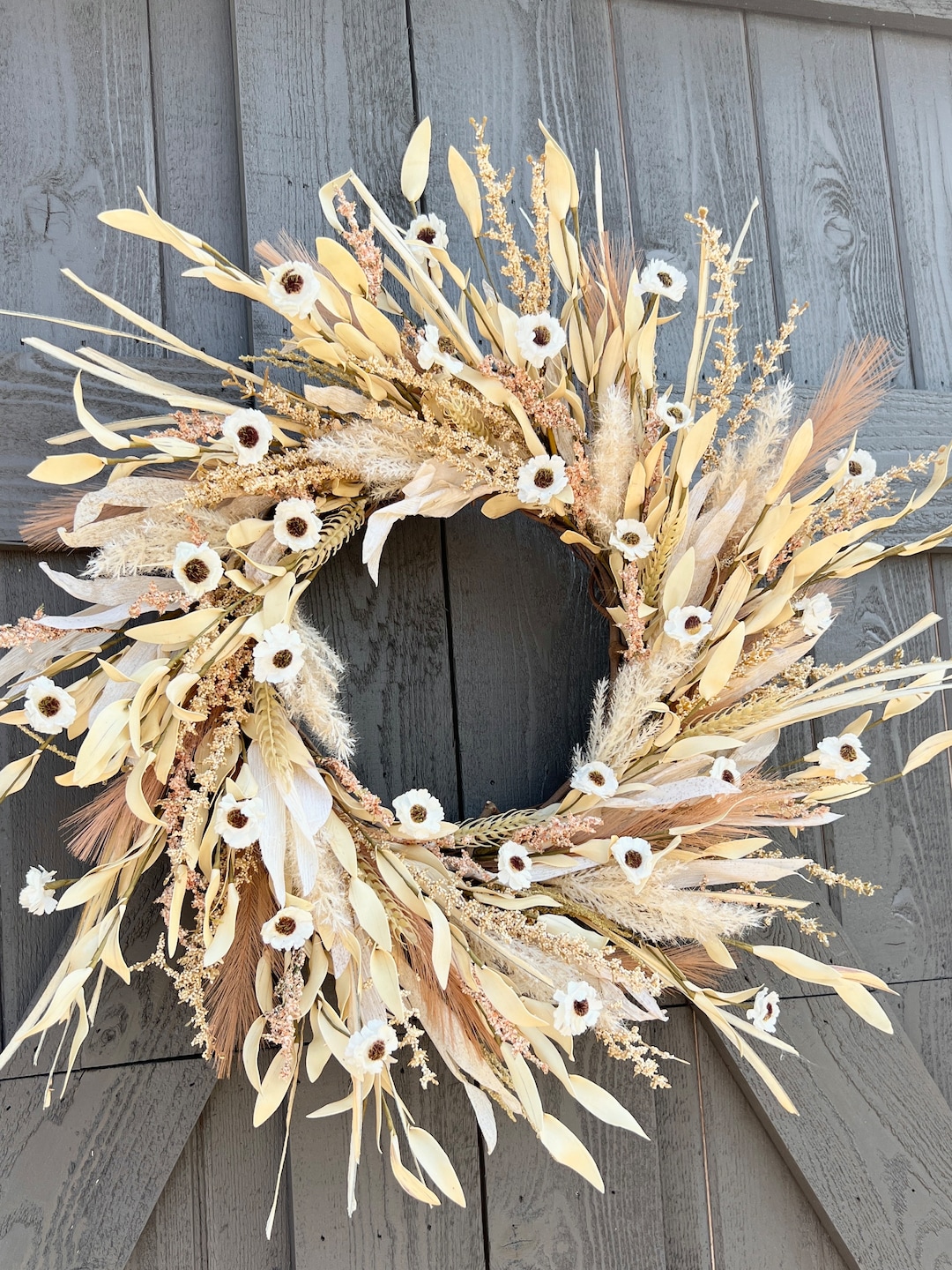 Neutral Boho Fall Wreath for Front Door, Cream and White Faux Pampas ...