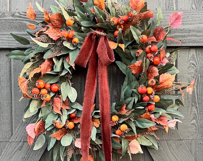 Fall Eucalyptus Wreath With Orange Berries, Autumn Wreath for Front ...