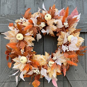 Fall Wreath for Front Door With Rust Bunnytails, Neutral Cream Pumpkins ...