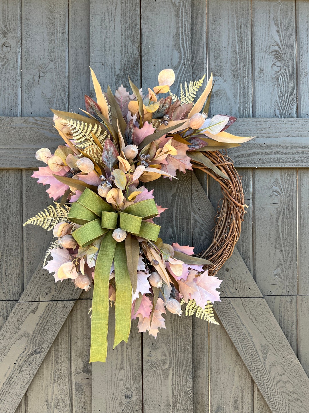 Plum Fall Wreath With Maple Leaves and Green Bow, Purple Autumn Door ...