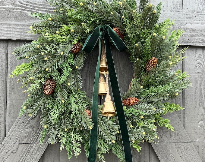 Pine Christmas Wreath With Bells, Winter Front Door Decor, Gold Jingle ...