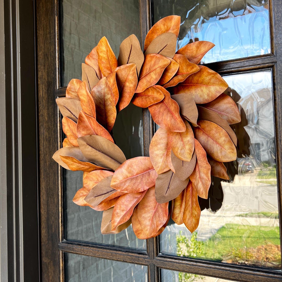 Fall Magnolia Wreath for Front Door, Autumn Neutral Magnolia Wreath for ...