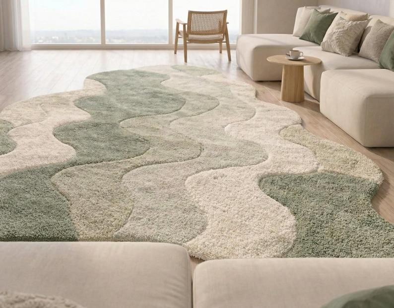 Hand Tufted Wool Rug, Abstract Green Cream Wave, Modern Organic Carpet ...