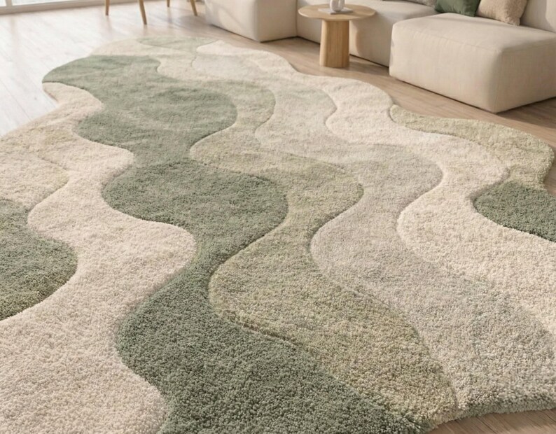 Hand Tufted Wool Rug, Abstract Green Cream Wave, Modern Organic Carpet ...