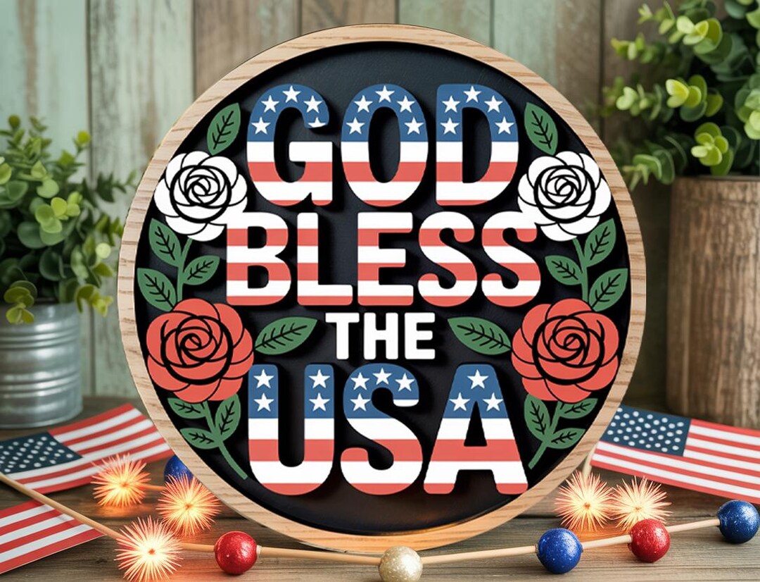 God Bless the USA Patriotic Wood Sign | American Flag, Roses Decor - Etsy