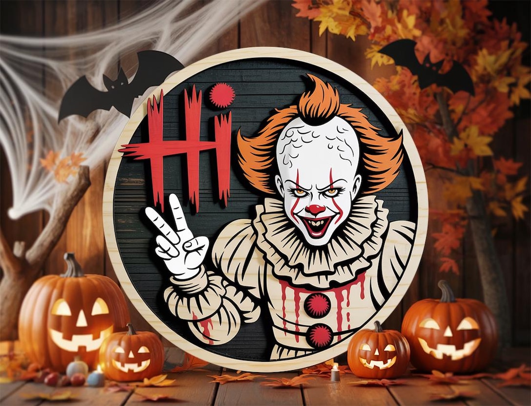 Evil Clown Horror Character Round Sign | Creepy Bloody Hi Wooden Door ...