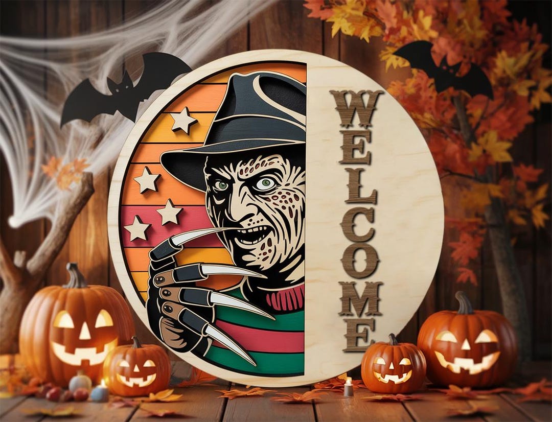Halloween Door Hanger With Creepy Face and Retro Stripes | Scary ...