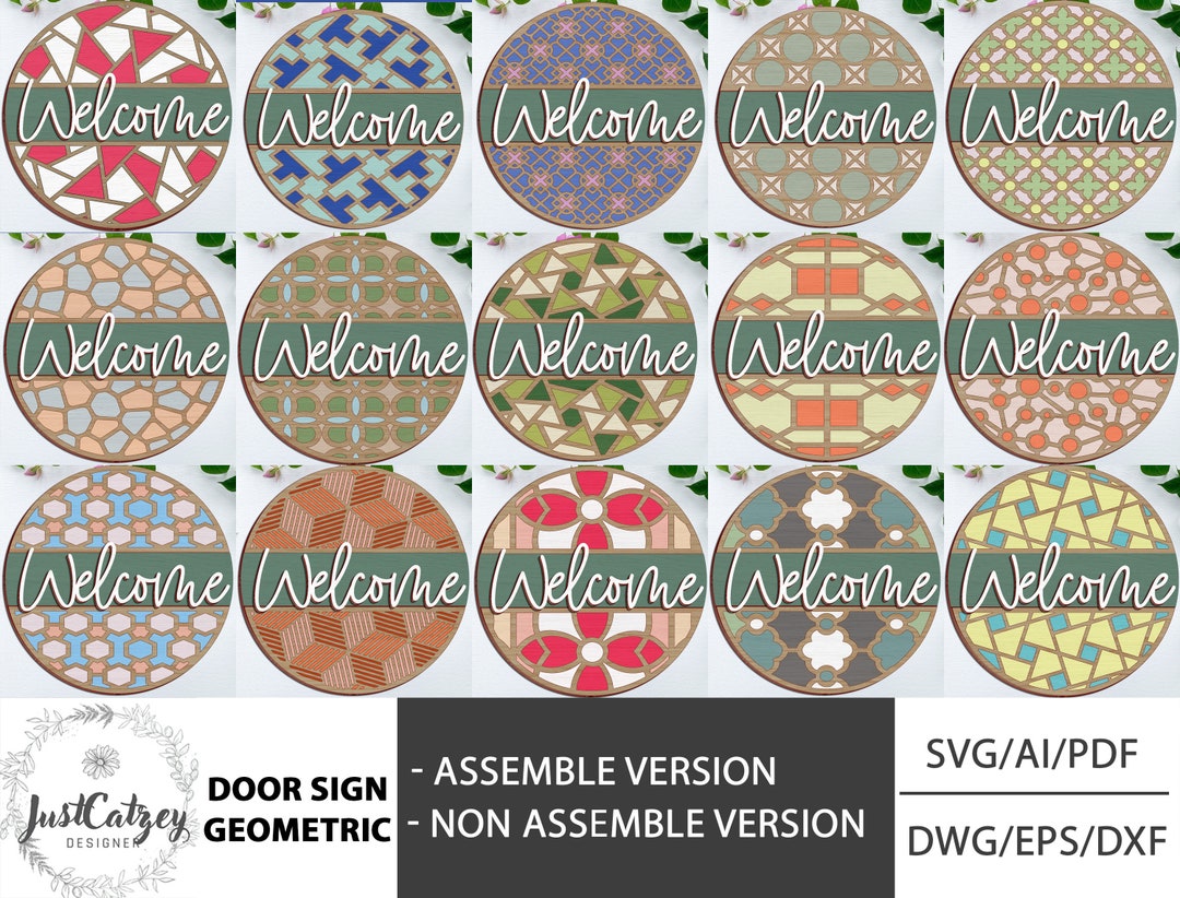 Welcome Boho Geometric Round Sign SVG Bundle, Round Wood Sign Svg, Door ...