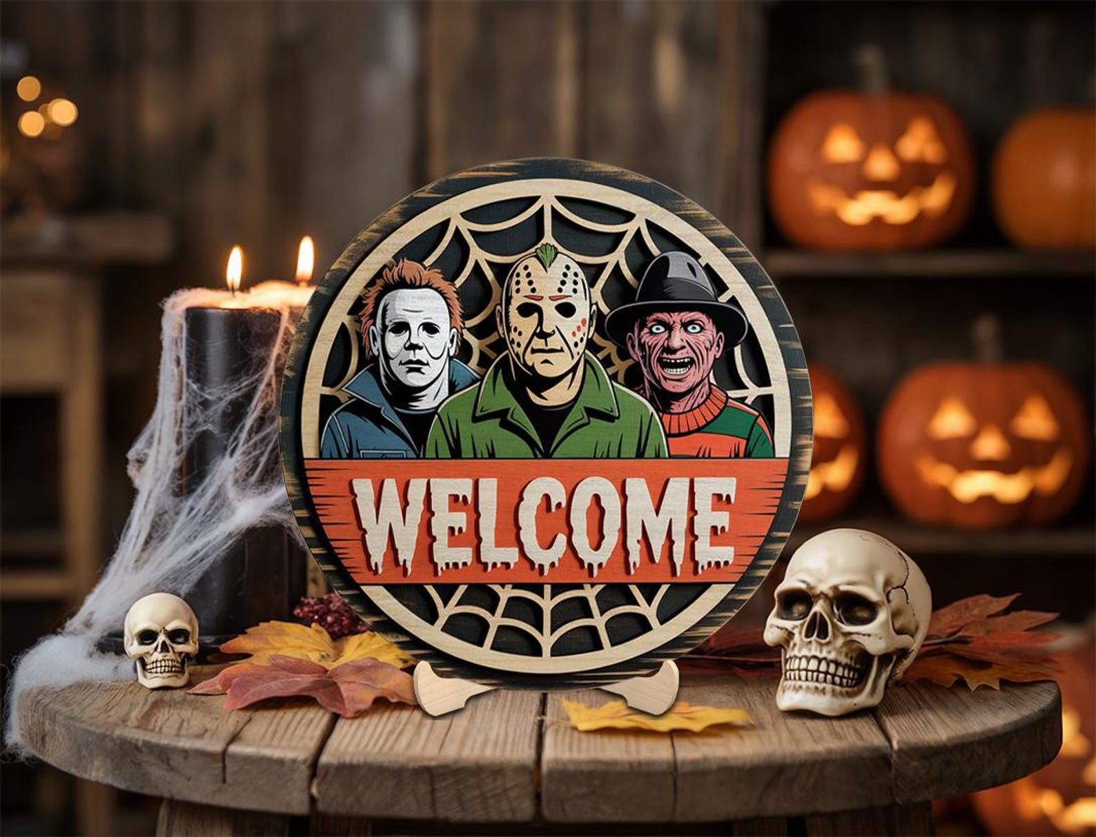 Horror Movie Character Welcome Sign | Halloween Wooden Door Hanger - Etsy