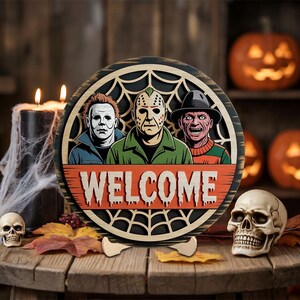 Horror Movie Character Welcome Sign | Halloween Wooden Door Hanger - Etsy