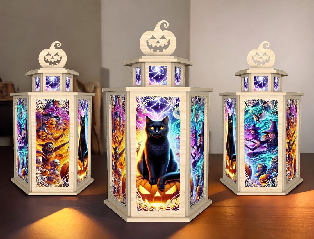 Mystical Halloween Lantern, Black Cat Witch Scene, Interchangeable ...