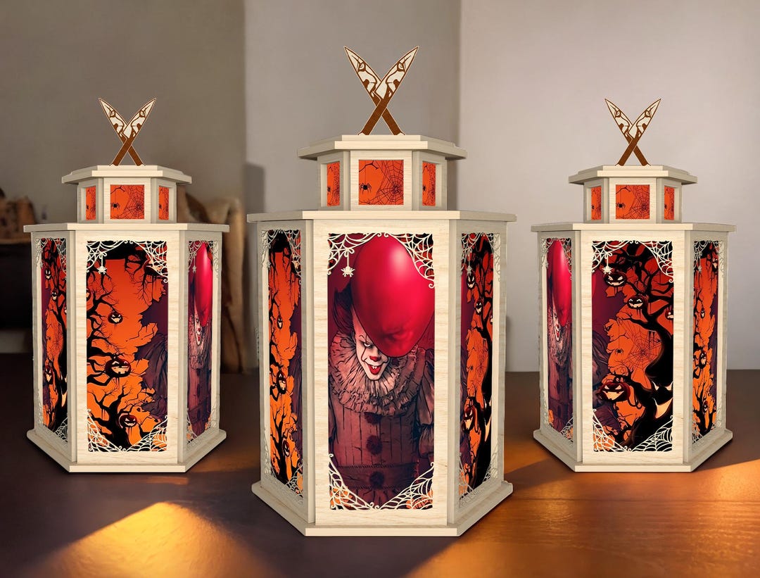 Halloween Horror Lantern, Creepy Clown Wooden Candle Holder With Red ...