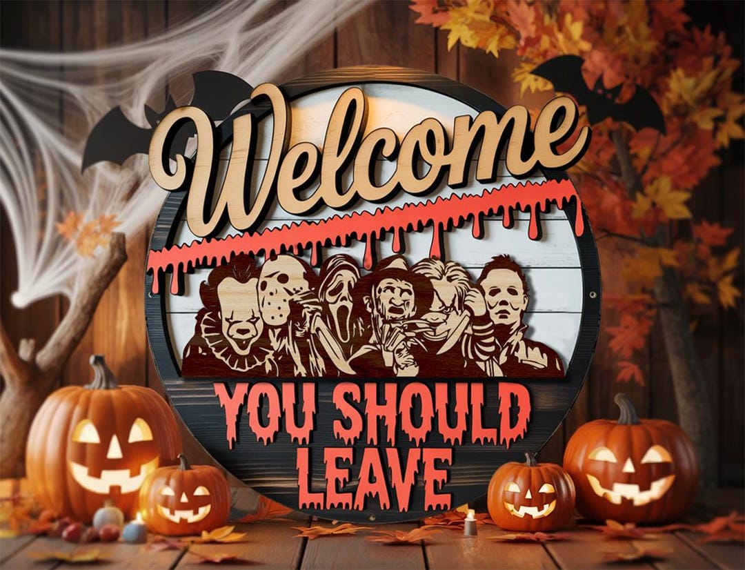 Welcome Creepy Faces Round Sign | You Should Leave Halloween Decor ...