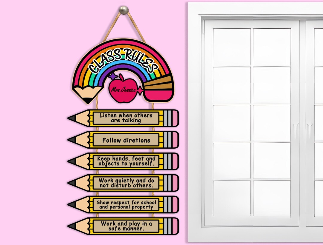Classroom Rules Door Sign – Pencil and Rainbow Teacher Decor, Positive ...