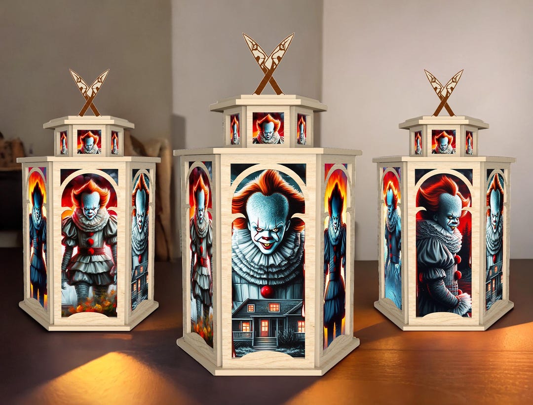 Horror Lantern, Creepy Clown With Haunted House in Arched Frame Panels ...