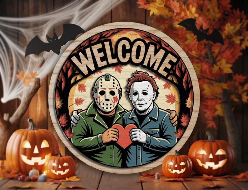 Welcome Sign With Horror Character Holding Heart | Fall Leaves ...