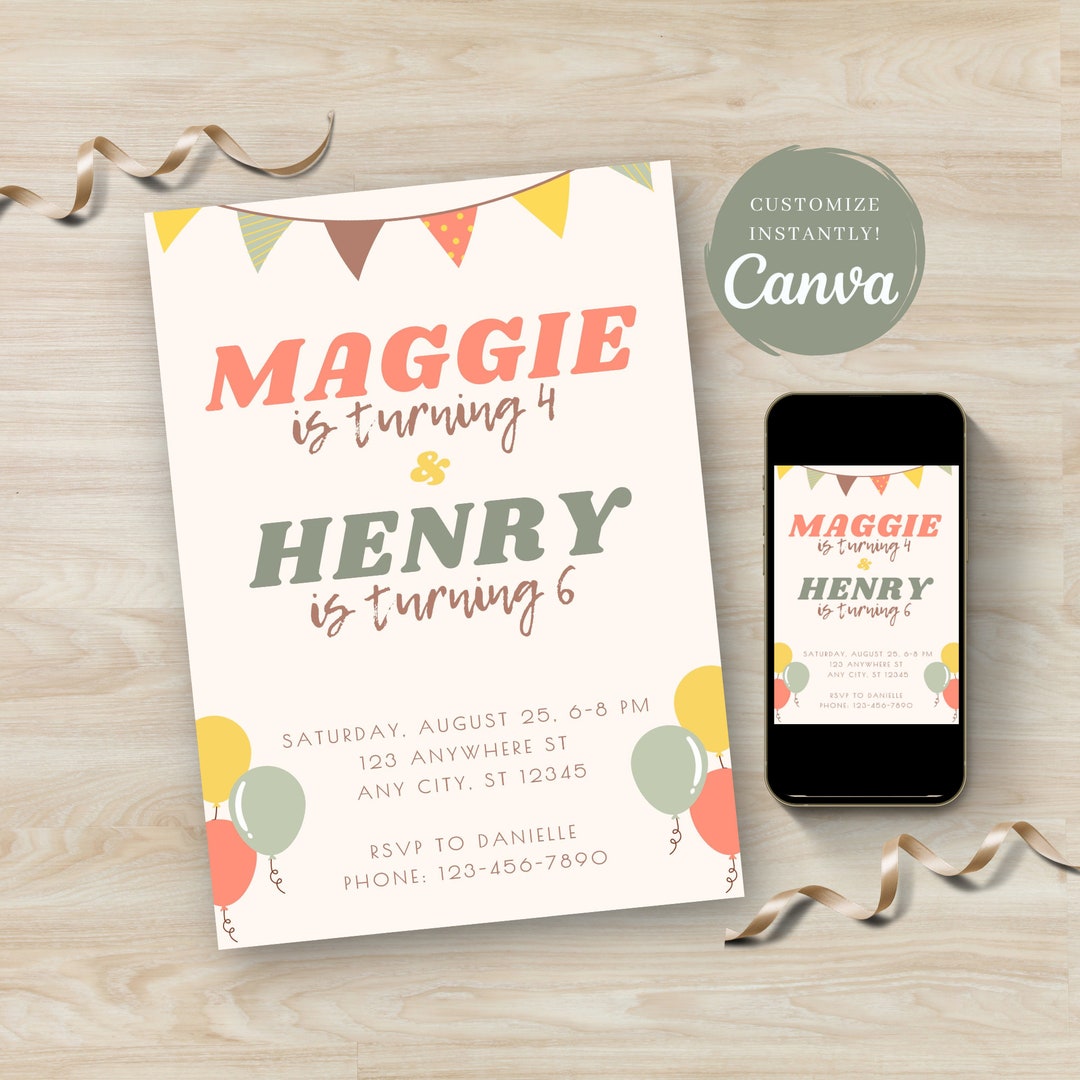 Sibling Birthday Invitation, Double Birthday Invitation, Dual Combined ...