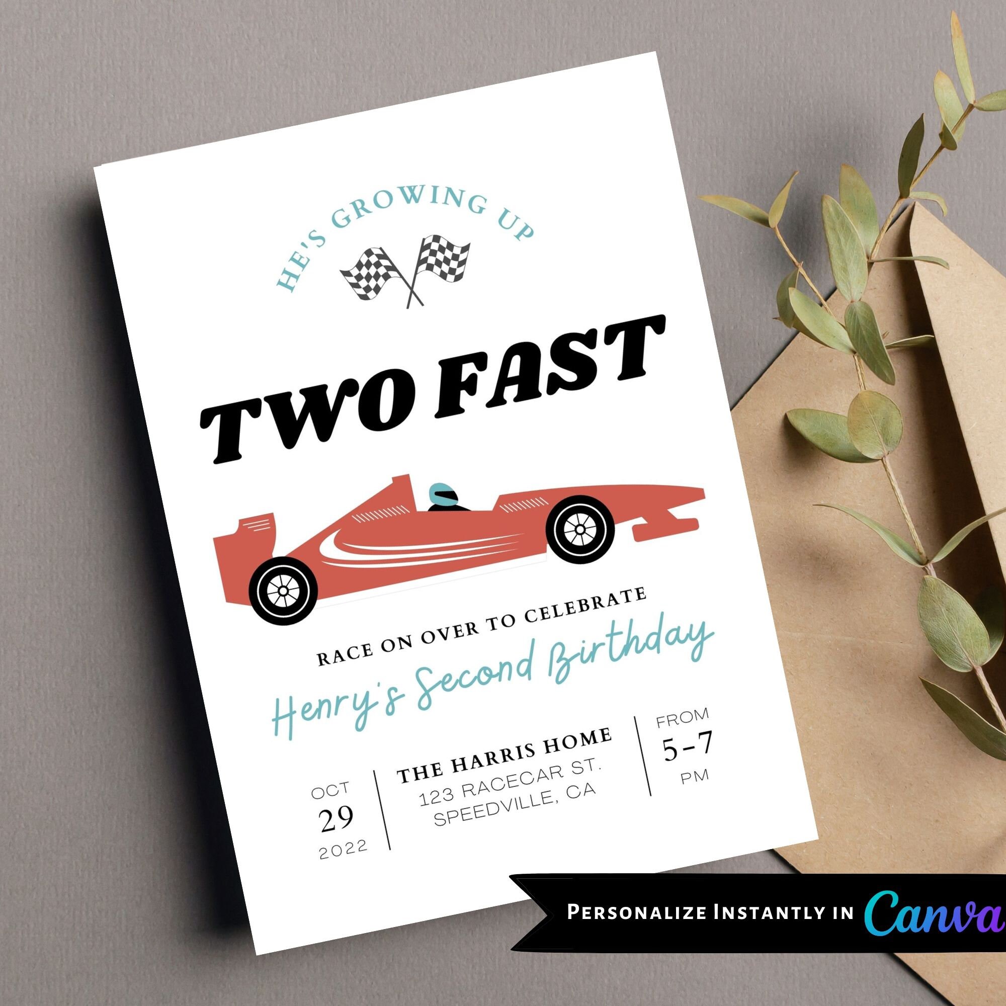 Editable Two Fast Birthday Invitation Two Fast Boy Race Car 2nd ...