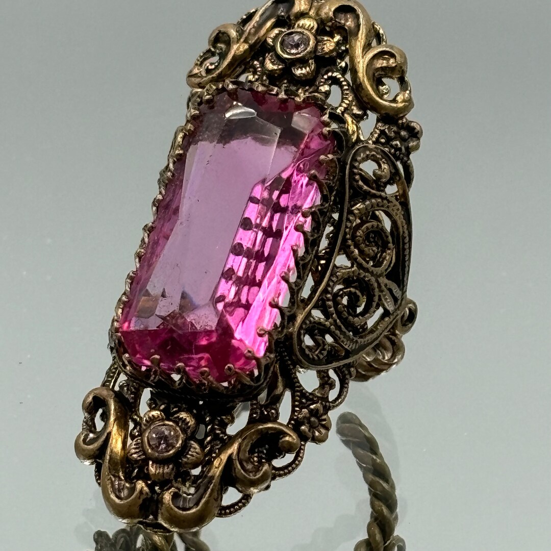 Vintage Art Deco Pink Glass Rhinestone Cocktail Ring Adjustable Gold ...