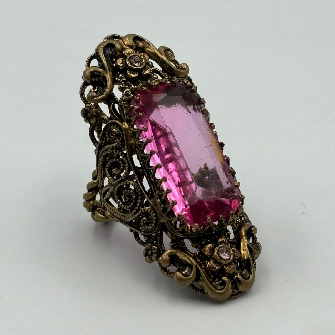 Vintage Art Deco Pink Glass Rhinestone Cocktail Ring Adjustable Gold ...